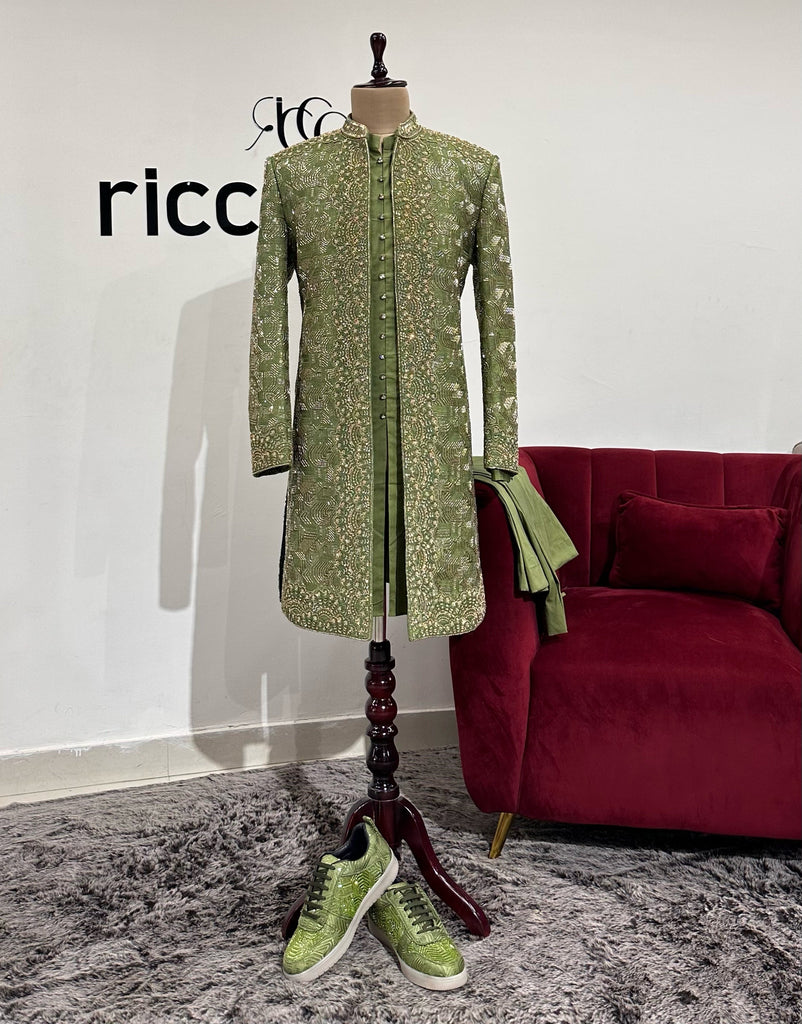INDOWESTERN GREEN BEADED JACKET WITH KURTA PAJAMA – Ricco India