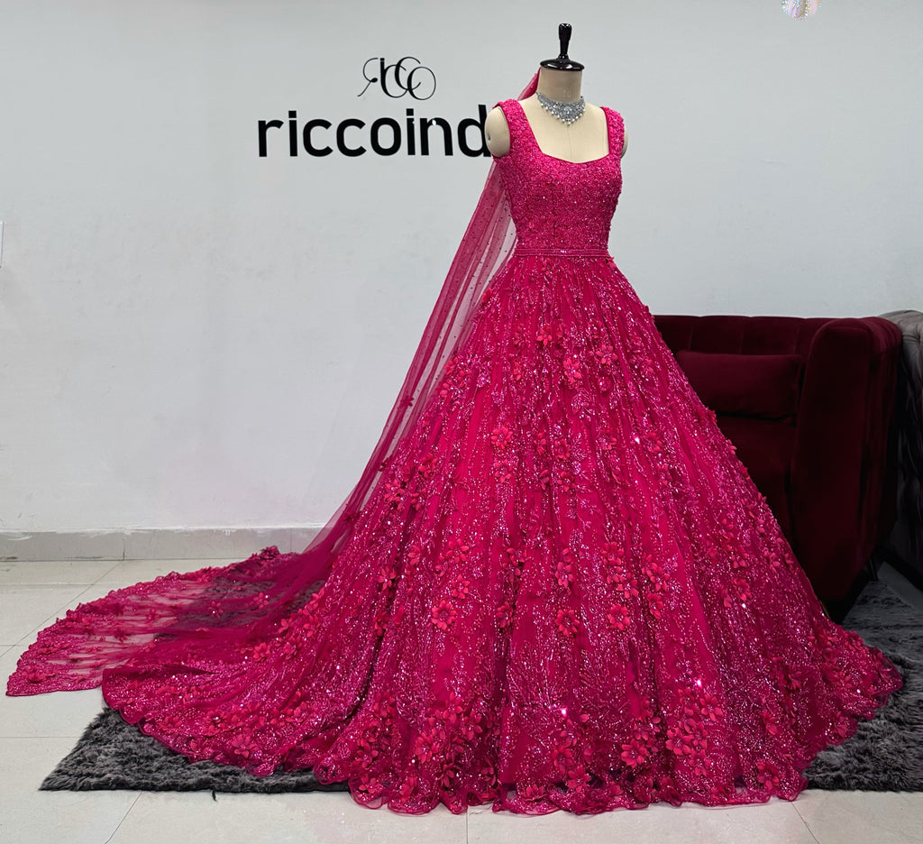 HOT PINK TRAIN GOWN WITH HANDMADE FLOWERS – Ricco India