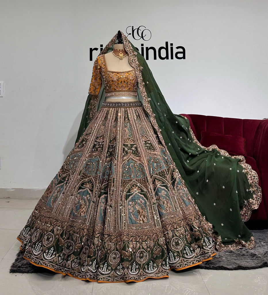 PANEL EMBROIDERY GREEN LEHENGA – Ricco India