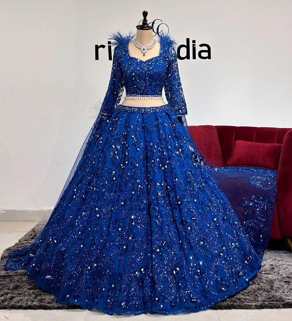 ROYAL BLUE TONE ON TONE LEHENGA WITH FEATHER SHOULDER – Ricco India