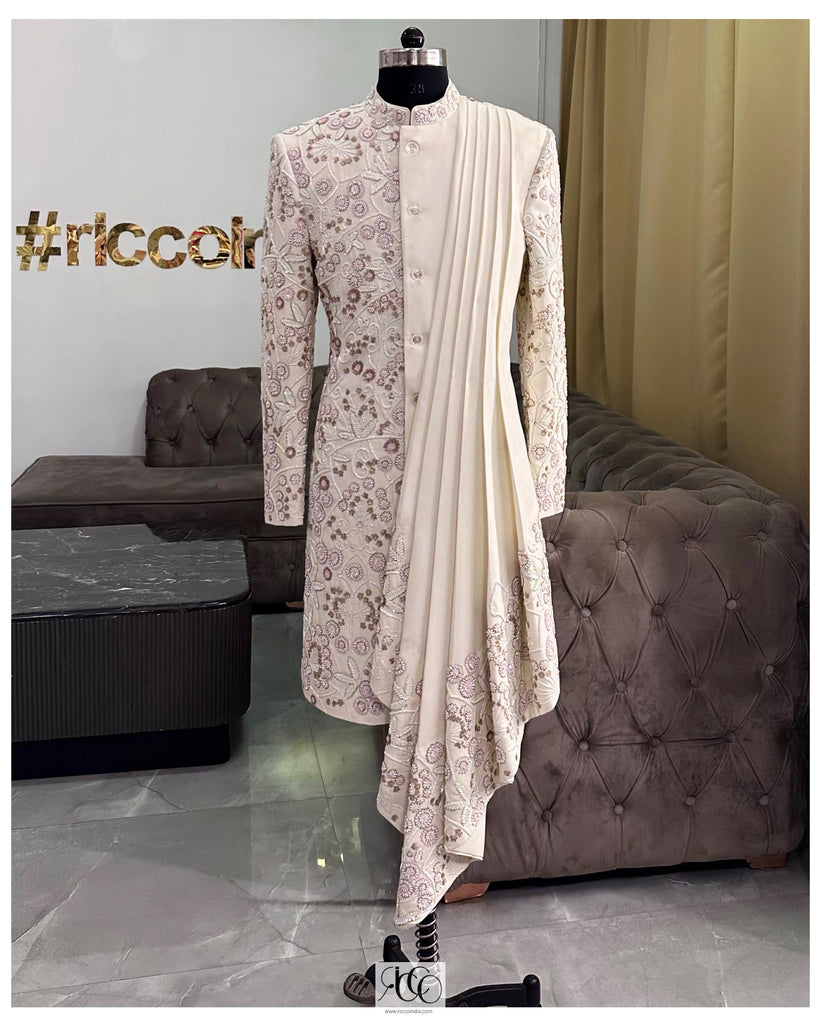 WHITE DRAPED SHERWANI WITH PINK & GREEN BEADING – Ricco India