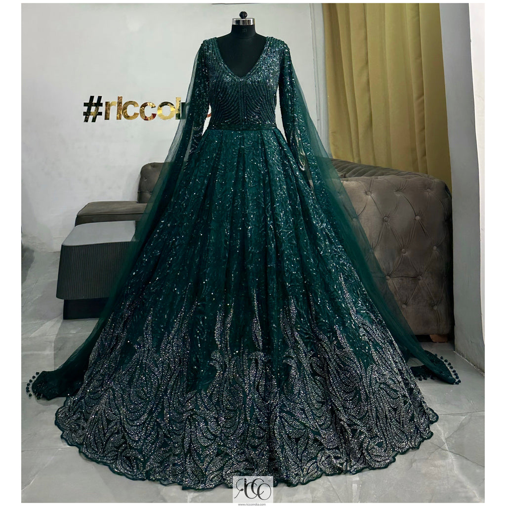 GREEN & SILVER OMBRE EMBROIDERY GOWN WITH CAPES – Ricco India