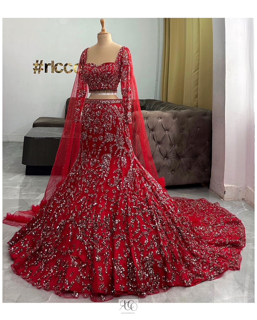 RED MERMAID LEHENGA WITH CAPES – Ricco India