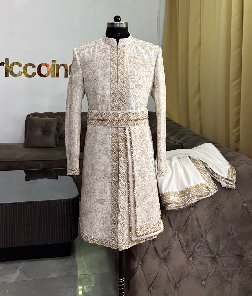 IVORY BELT SHERWANI WITH SHAWL – Ricco India