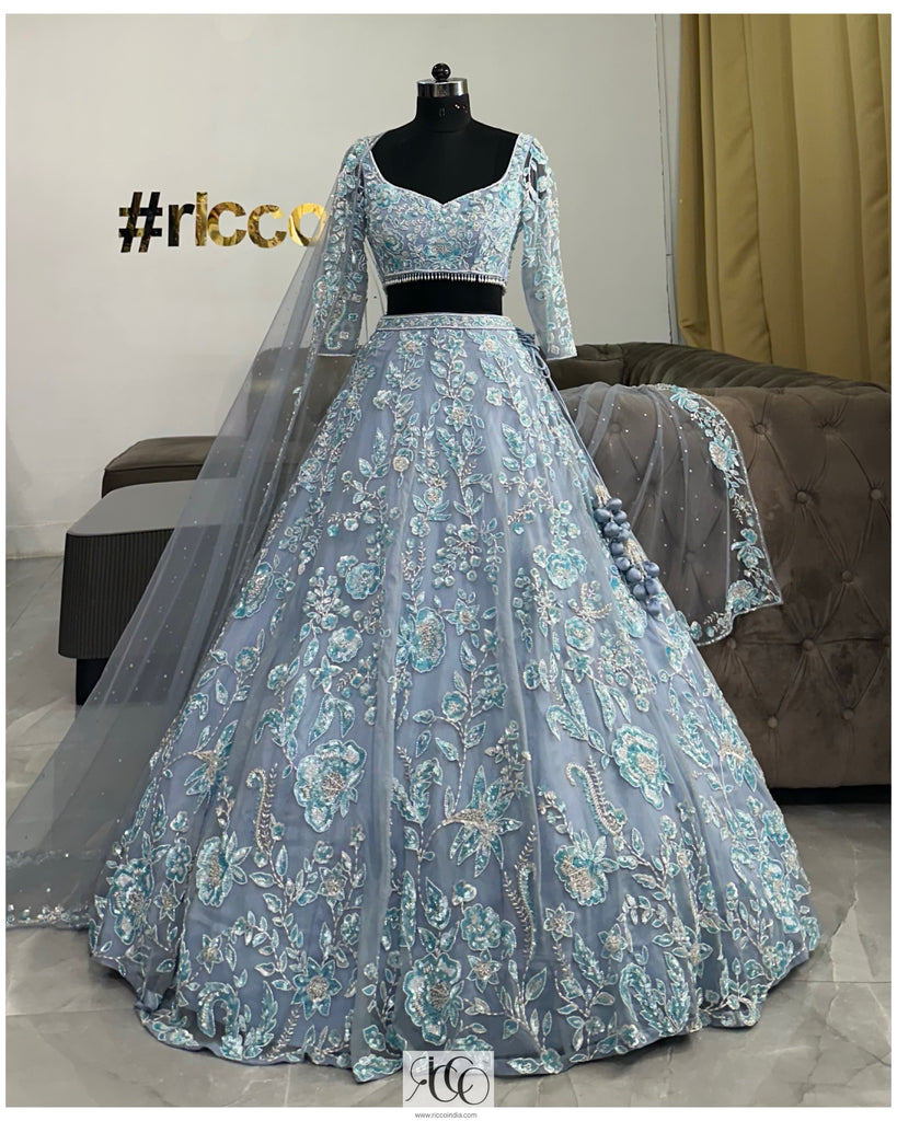 BABY BLUE LEHENGA WITH BLUE & IVORY EMBROIDERY – Ricco India