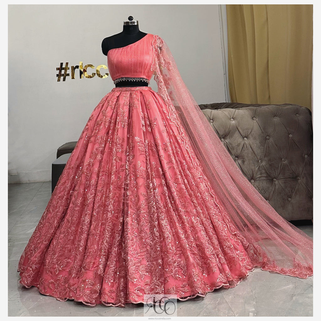 PINK ONE SHOULDER DRAPE LEHENGA WITH CAPE – Ricco India