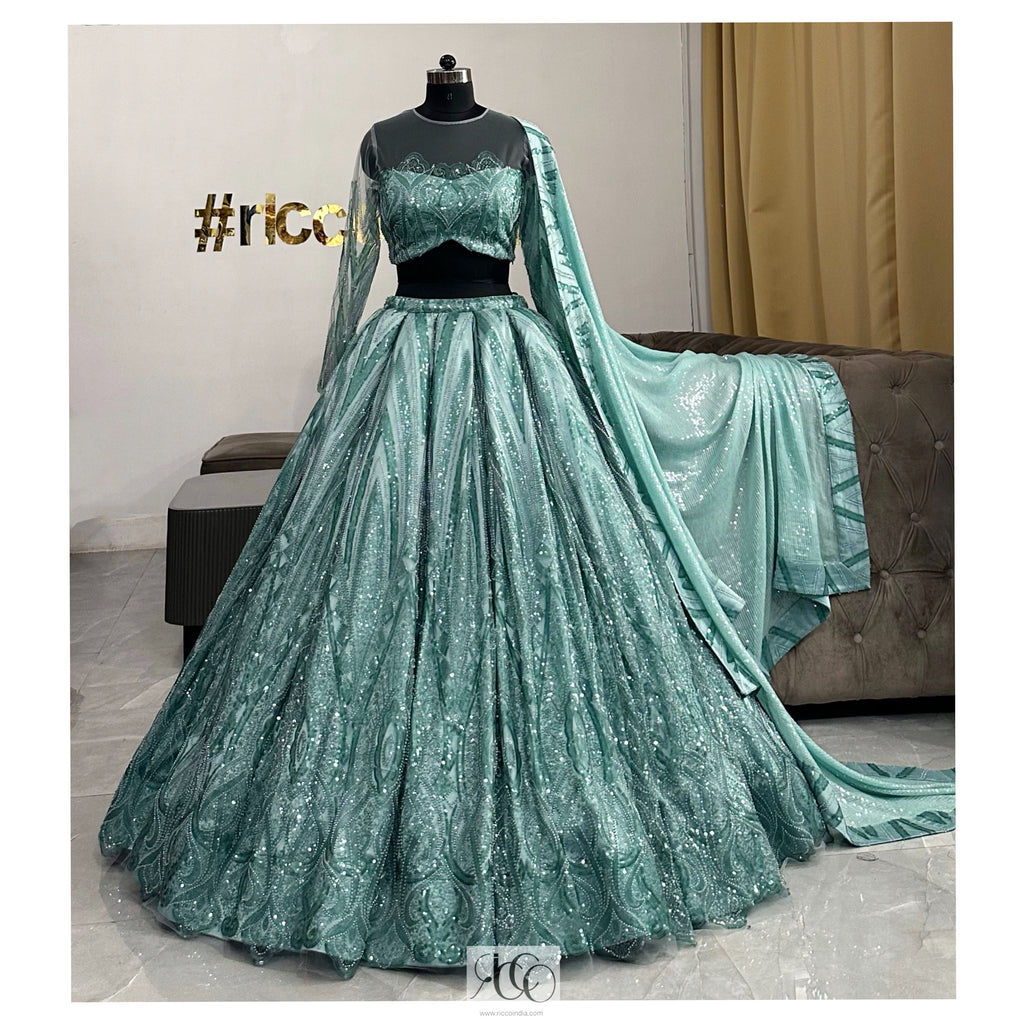 AQUA GREEN BEADED LEHENGA – Ricco India