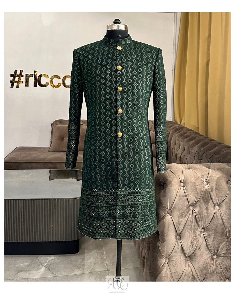 GREEN AZTEC EMBROIDERY SHERWANI – Ricco India