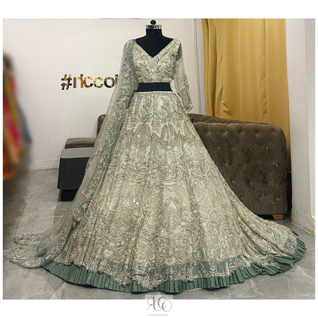 MINT GREEN EMBROIDERED LEHENGA – Ricco India