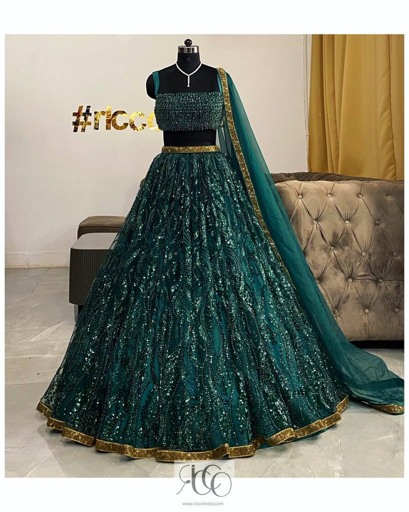 Crystal drop top with beaded skirt emerald green Lehenga – Ricco India