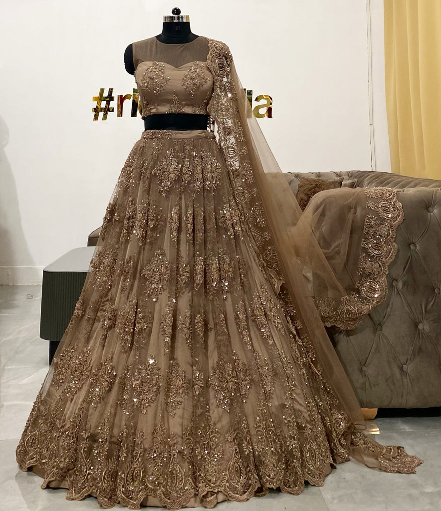 Coffee brown beaded Lehenga – Ricco India