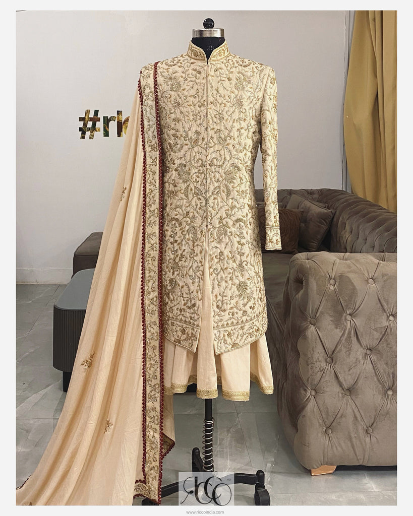 Beige sherwani with Anarkali kurta and shawl – Ricco India