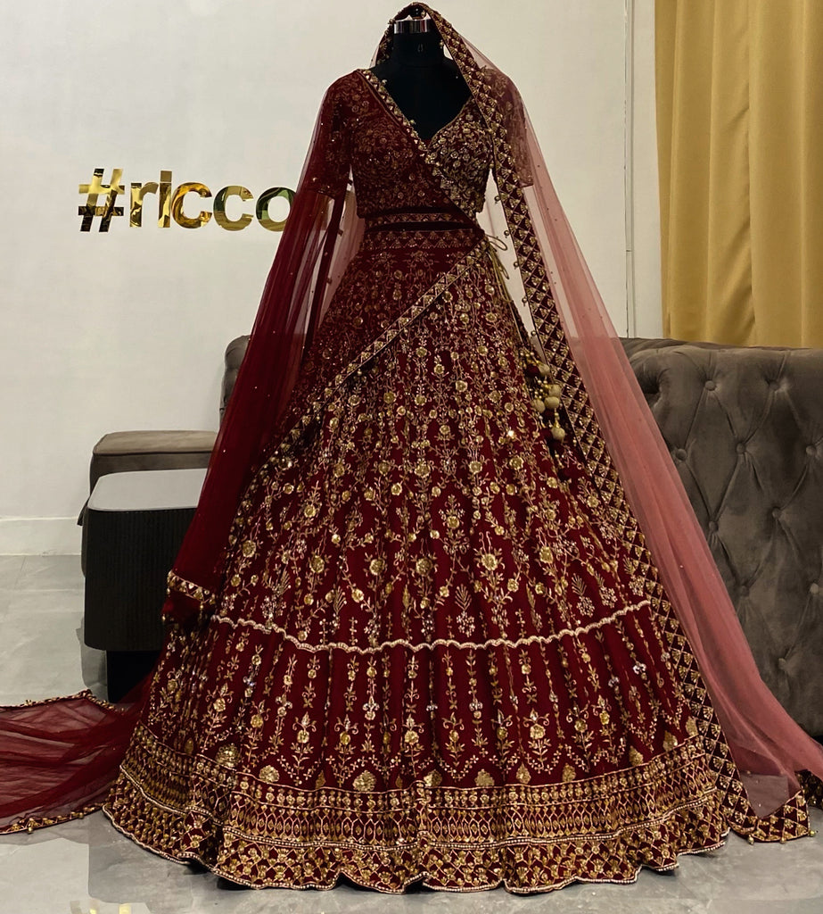 Maroon lehenga with intricate embroidery – Ricco India