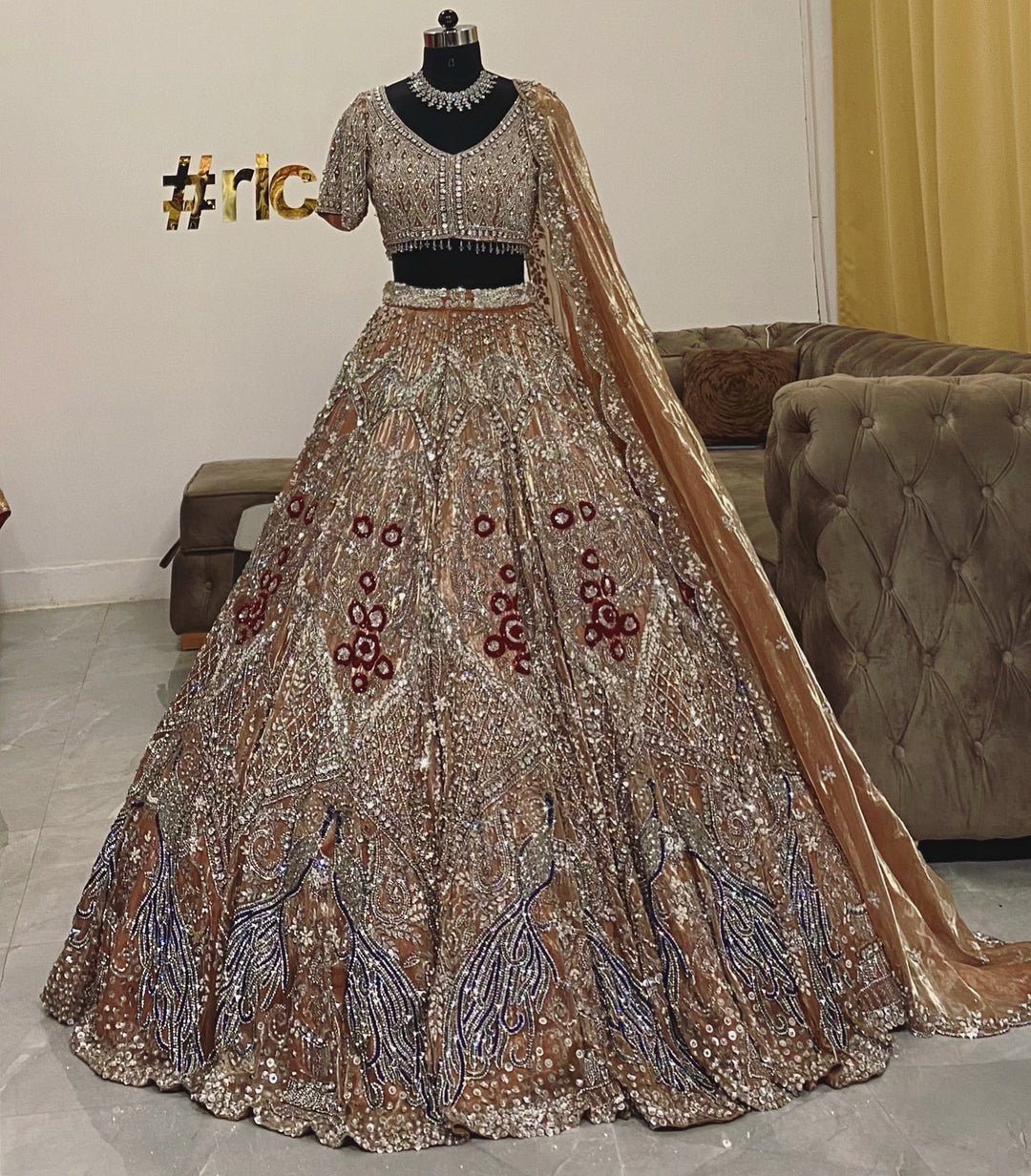 Rust gold crystal embroidery Lehenga – Ricco India