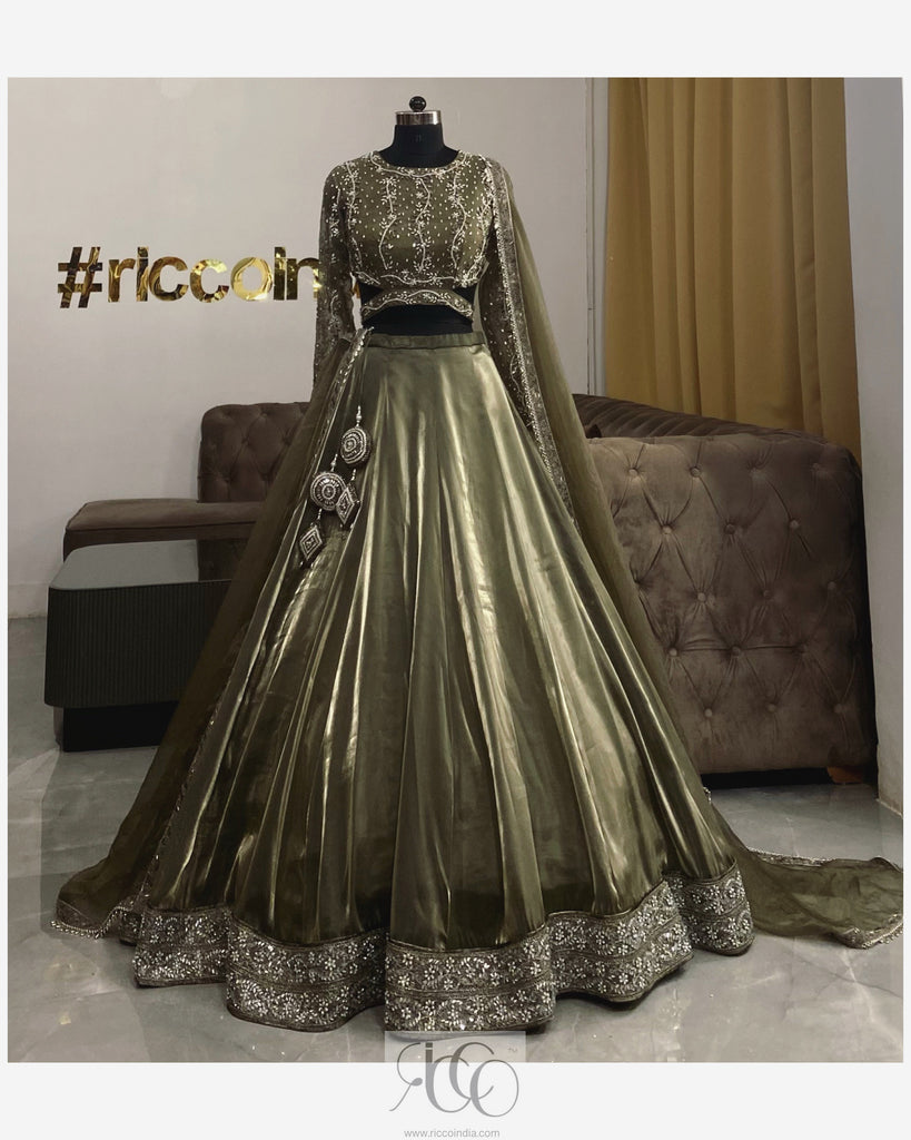 Mehendi green silk organza Lehenga with grey beadwork – Ricco India