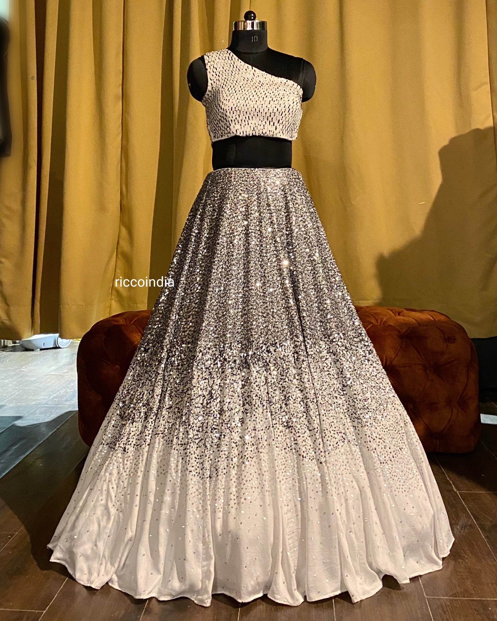 White croptop skirt with silver sequins work – Ricco India