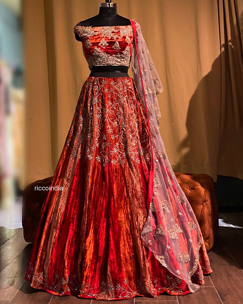 Rust velvet lehenga with beadwork – Ricco India